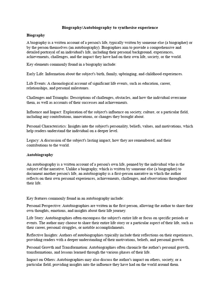 Biography Autobiography To Synthesise Experience Pdf Biography