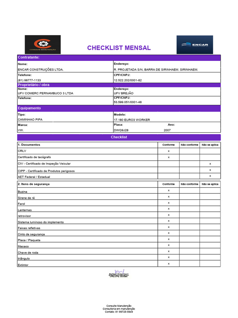 Checklist Caminhão Pipa DWQ9J28 | PDF | Veículos