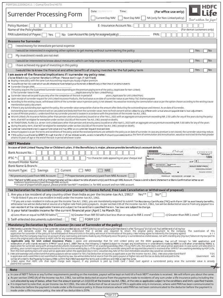 HDFC Life Policy Surrender Form | PDF | Insurance | Income Tax