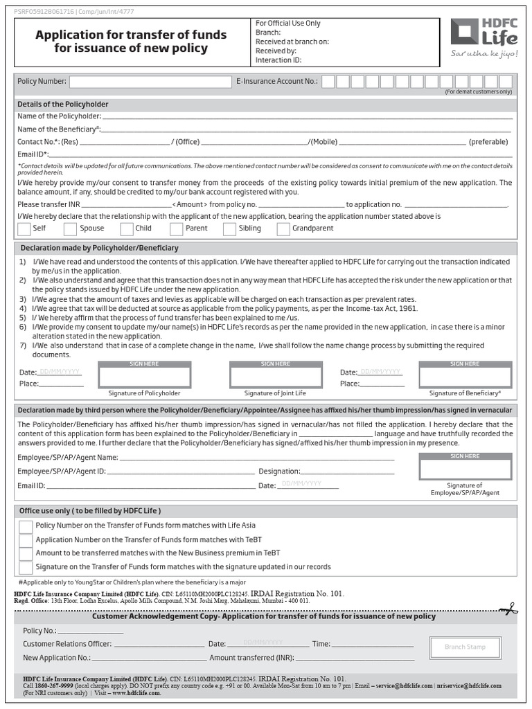 HDFC Life Fund Transfer Application | PDF | Insurance | Financial Services