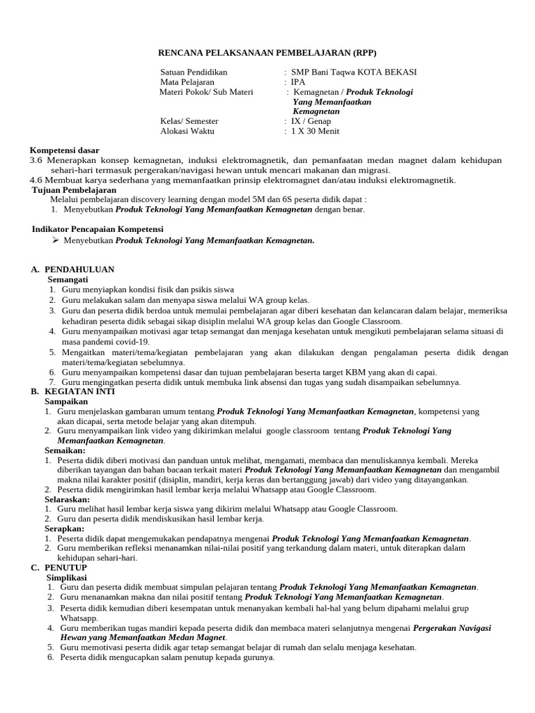 RPP SMT 2 Bab 6 Pertemuan 6 (IPA Kelas 9 - Hani) | PDF