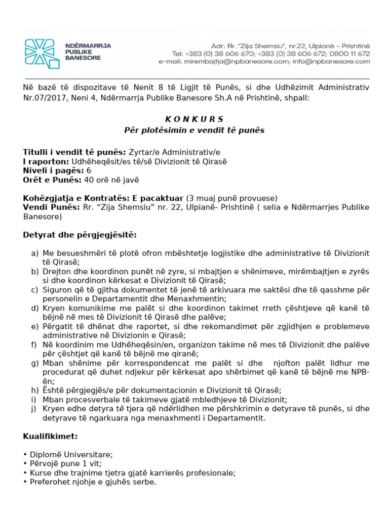 Konkurs Për Plotësimin e Vendit Të Punës | PDF