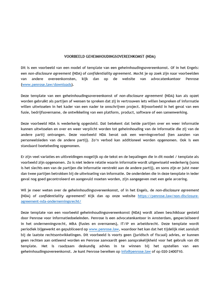 Template Voorbeeld Model-geheimhoudingsovereenkomst-NDA | PDF