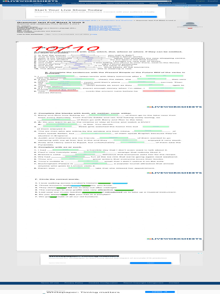 Grammar Test Full Blast 3 Unit 2 Worksheet | PDF | English As A Second ...