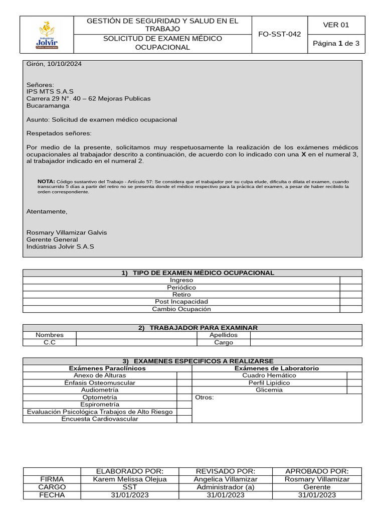 Fo-Sst-042 Solicitud de Examen Médico Ocupacional | PDF | Cuidado de la ... Fo-Sst-042 Solicitud de Examen Médico Ocupacional | PDF | Cuidado de la ...