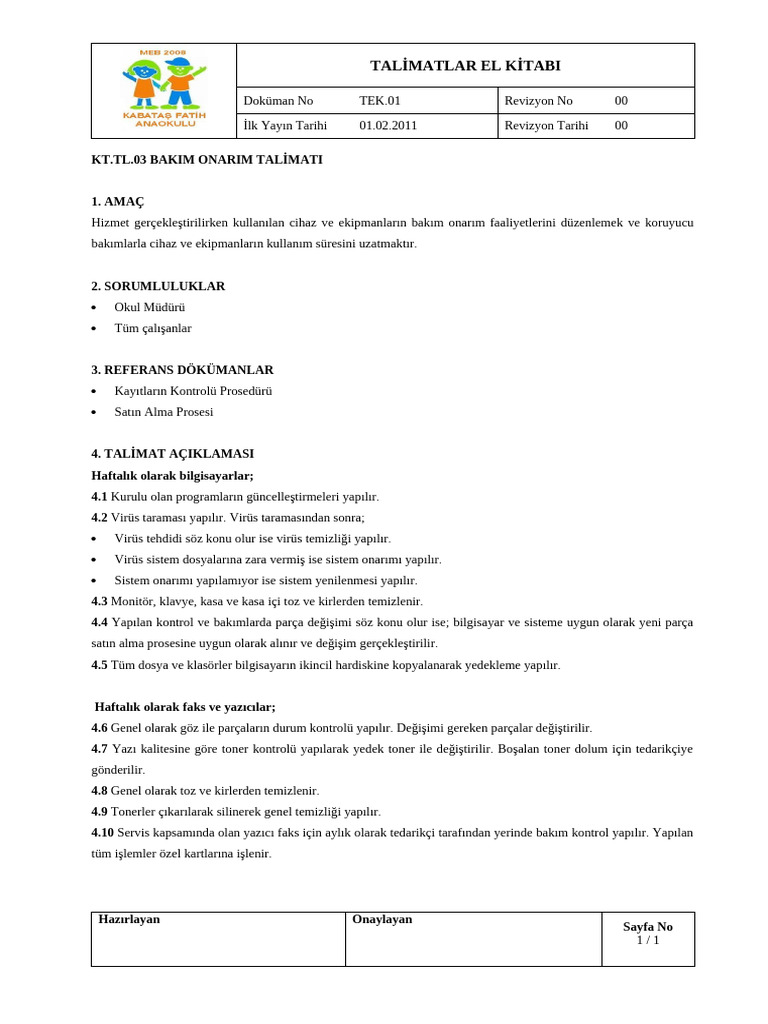 KT - TL.03 Bakım Onarım Talimatı | PDF