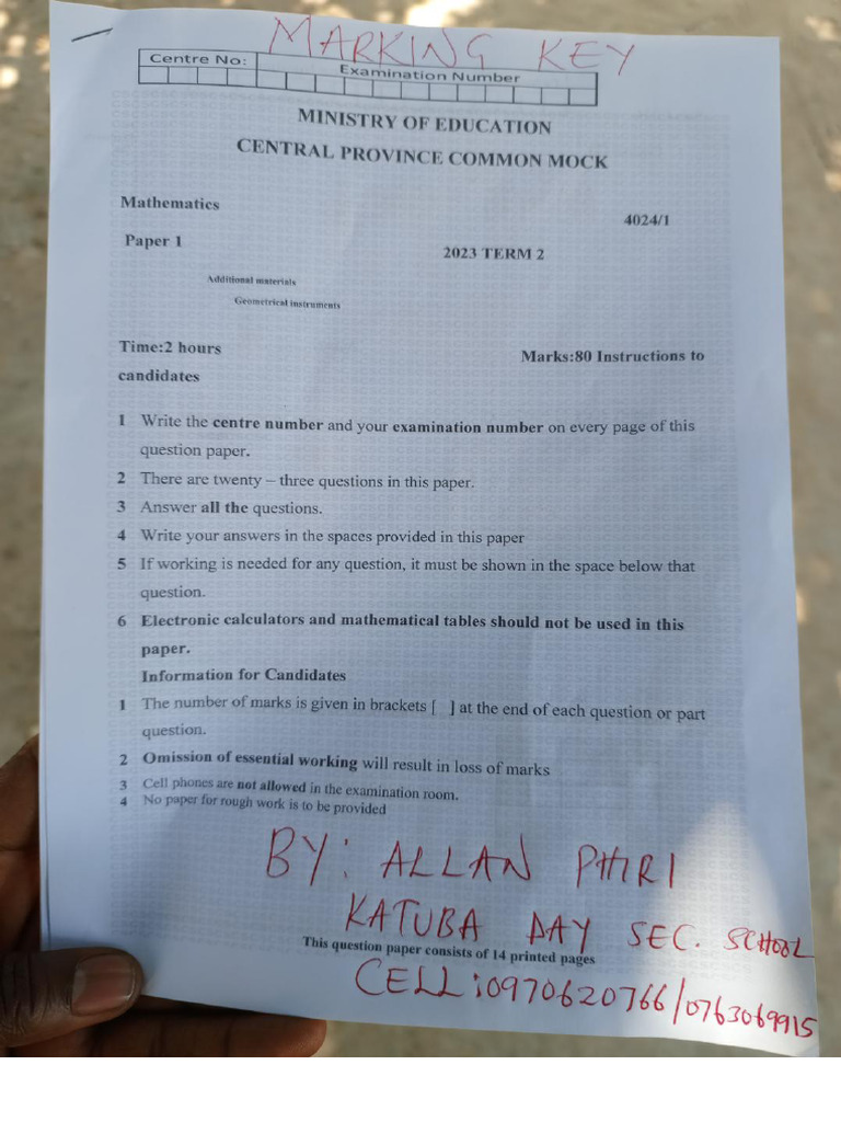 Marking Key MATHS P1 - by ALLAN PHIRI - KDS | PDF