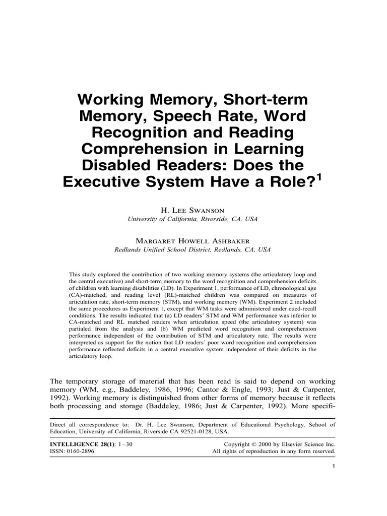 Swanson & Ashbaker (2000) WM, EF in Dyslexia | PDF | Working Memory ...