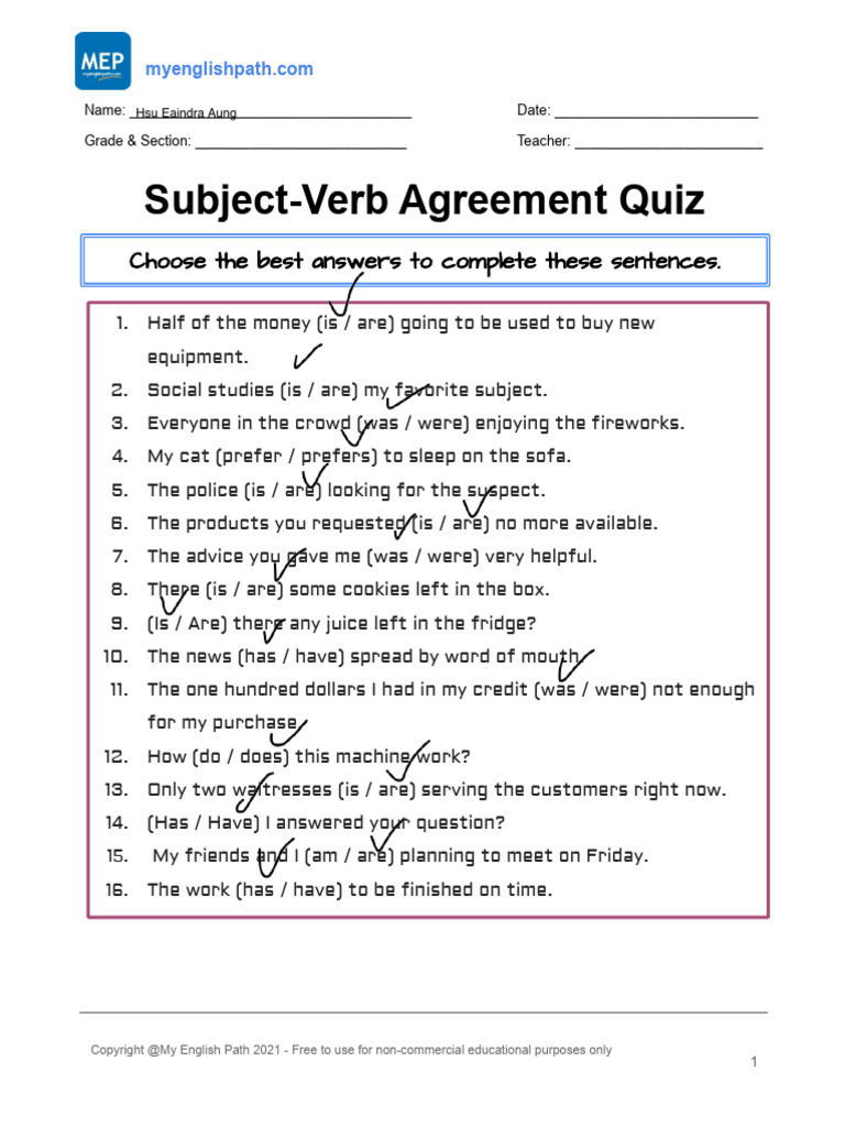 Subject Verb Agreement Quiz | PDF