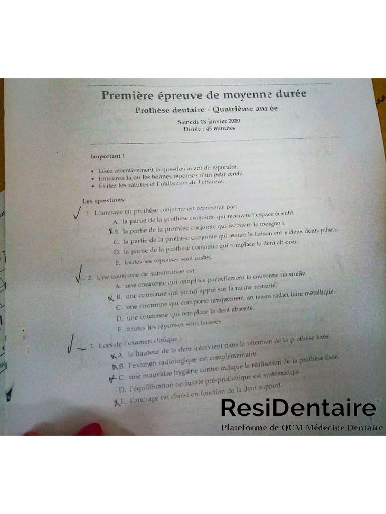 Sujet DExamen Prothese 4 Eme Annee Alger 2020 EMD1 | PDF