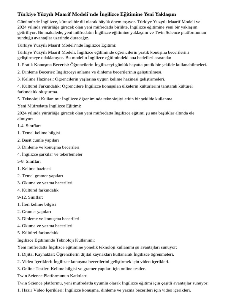 Türkiye Yüzyılı Maarif Modeli'nde İngilizce Eğitimine Yeni Yaklaşım | PDF