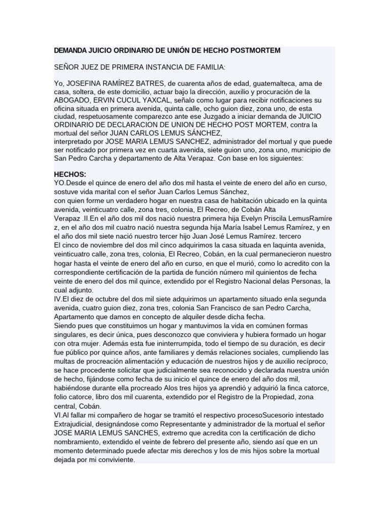 Acta Nortarial DEMANDA JUICIO ORDINARIO DE UNIÓN DE HECHO POSTMORTEM ...