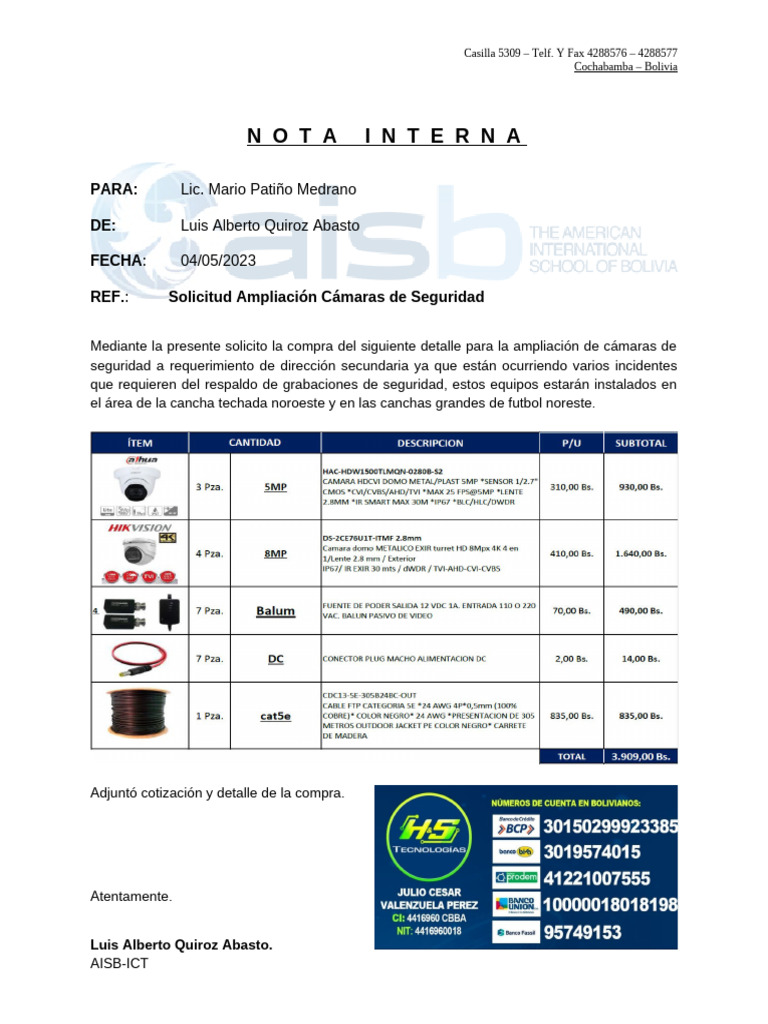 NOTA INTERNA CCTV Ampliacion - Aprobado Por Administracion | PDF