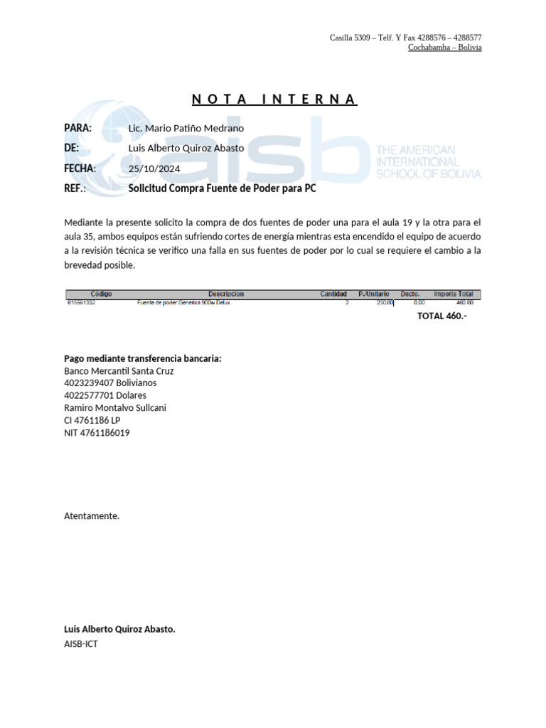 NOTA INTERNA Fuentes de Poder MSR | PDF