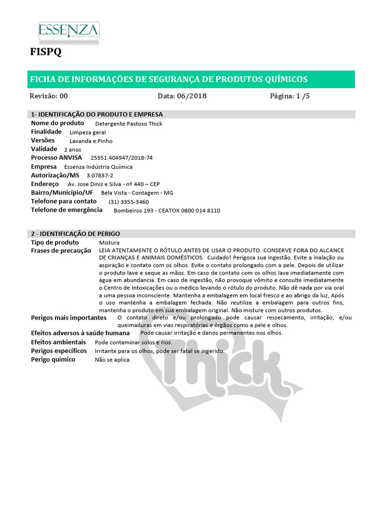 FISPQ Detergente Pastoso Thick | PDF | Embalagem e rotulagem | Desperdício