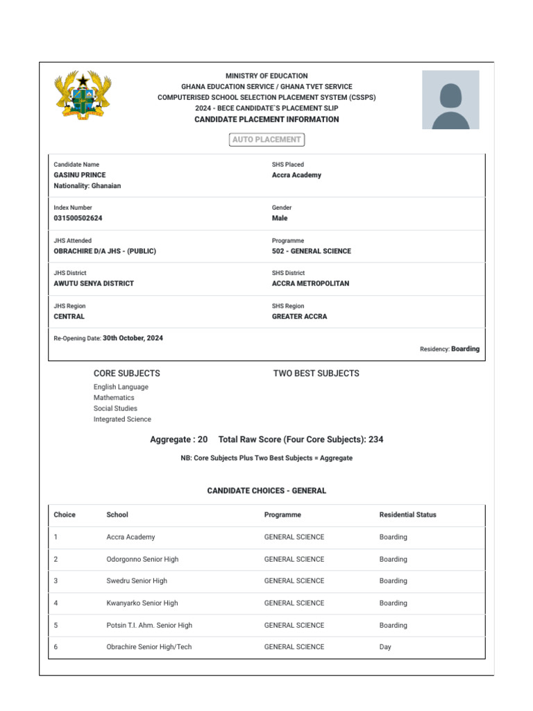 Cssps - Gov.gh Placement Placementslip | PDF | Secondary Education | Accra