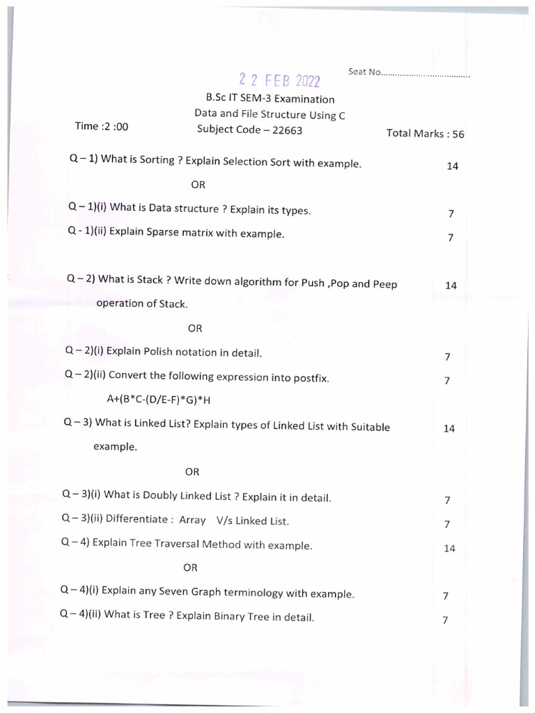 Bscit Sem3 22663 Feb-2022 Data & File Stru. | PDF