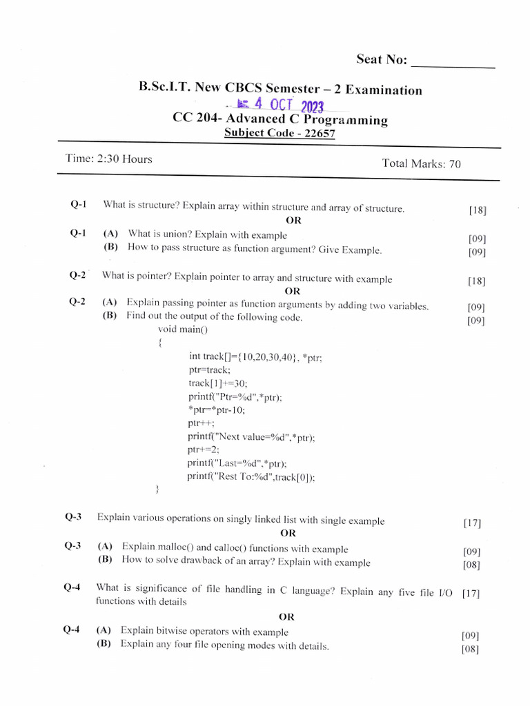 Bscit Sem2 22657 Oct-2023 Ad. C Prog. | PDF