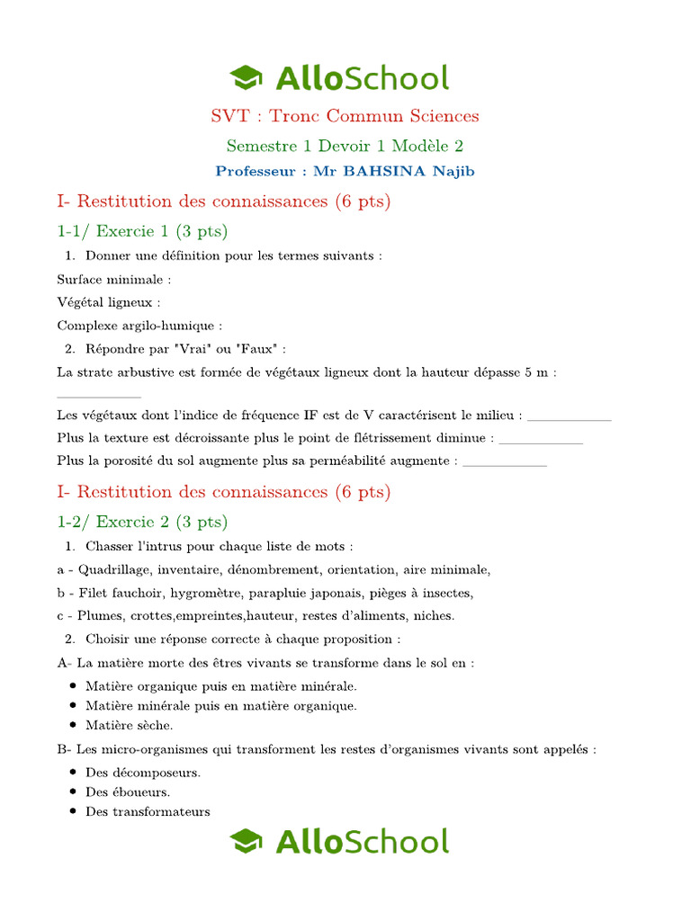 SVT TC Semestre 1 Devoir 1 Modele 2 1 | PDF
