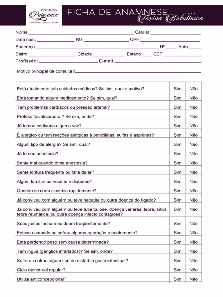 Anamnese - Toxina BotulÃ - Nica - Frente | PDF