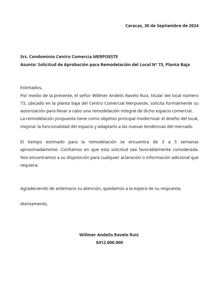 Solicitud de Remodelación Local 73 | PDF
