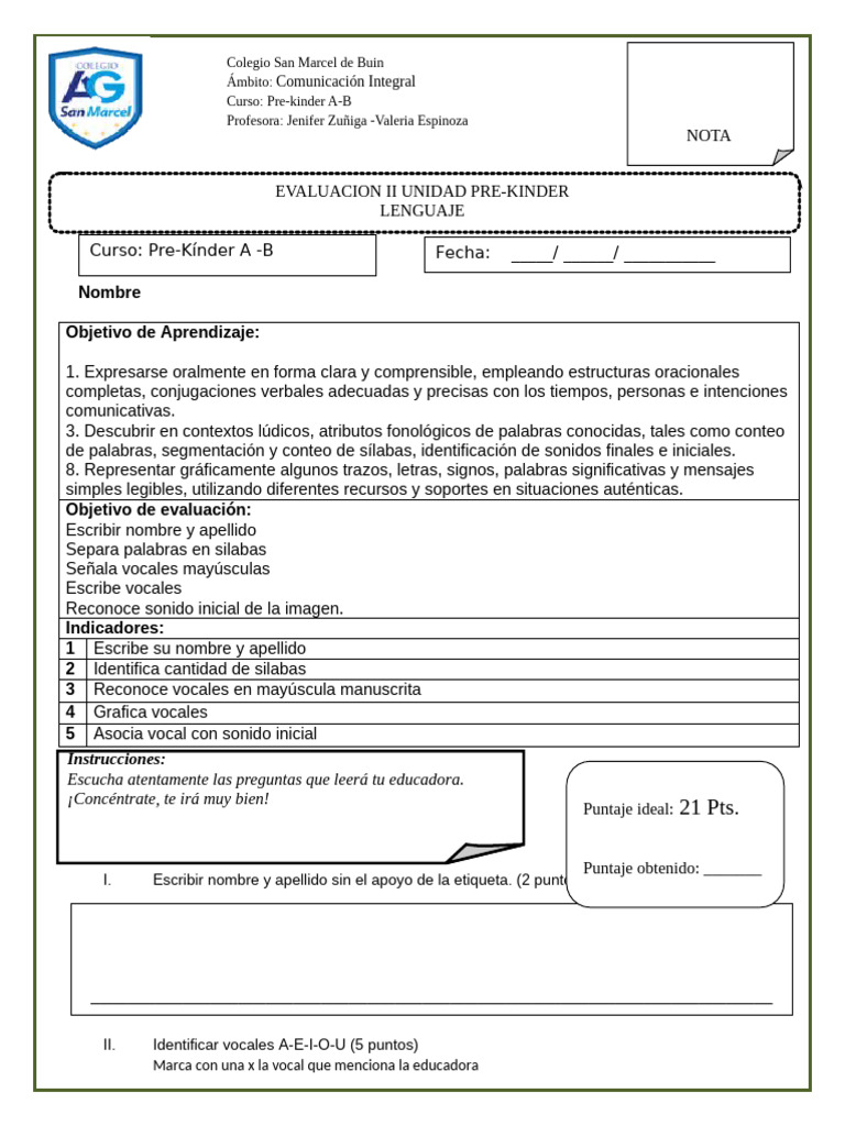 Prueba Lenguaje III 2024 Pre Kinder | PDF | Vocal | Comunicación humana