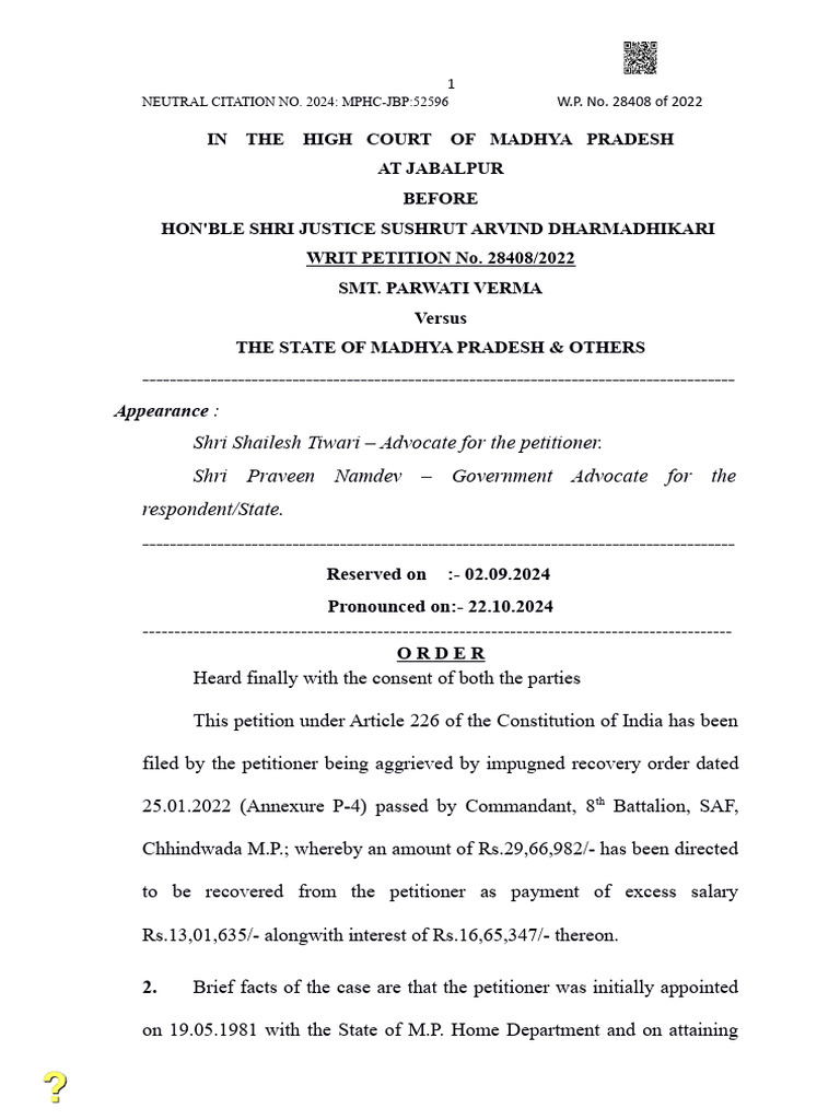 Madhya Pradesh Writ Petition on Salary Recovery | PDF | Appeal ...