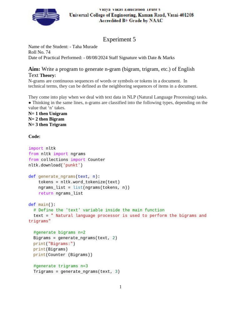 NLP Experiment 5 | PDF | Computers