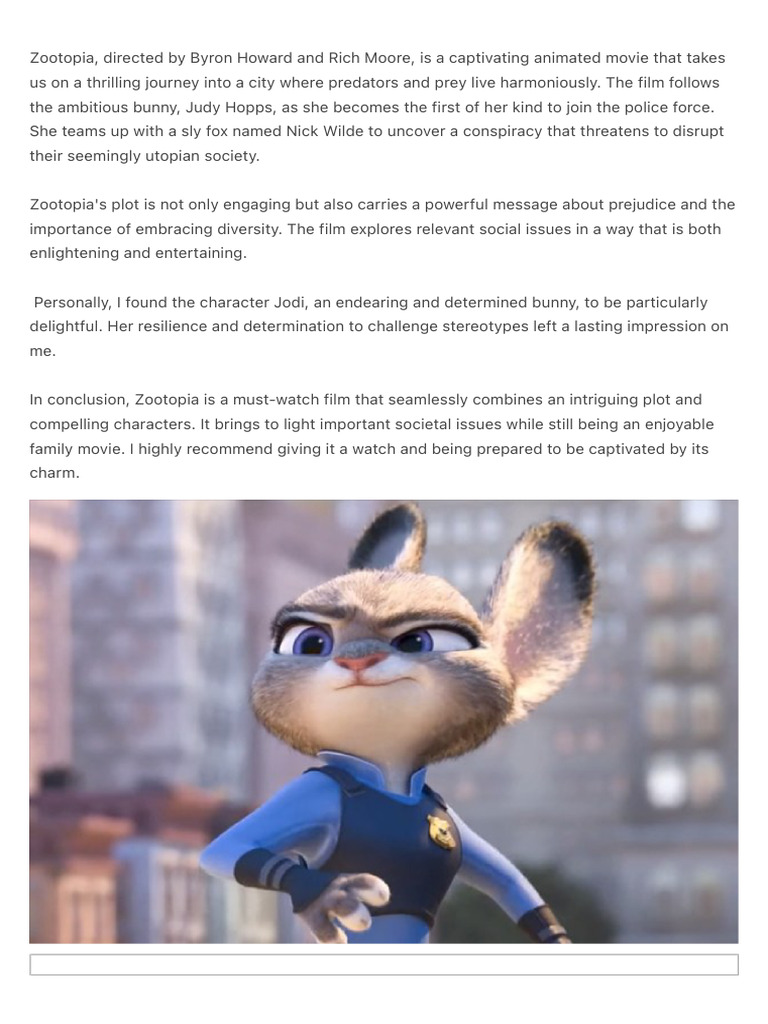 Zootopia, Directed by Byron Howard and Rich Moore, Is A Captivating | PDF