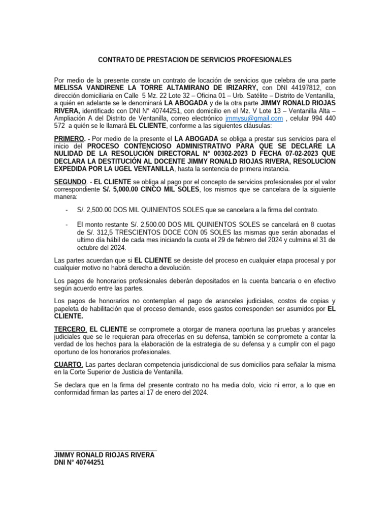 Contrato de Servicios Profesionales - Jimmy Ronald Riojas Rivera | PDF ...