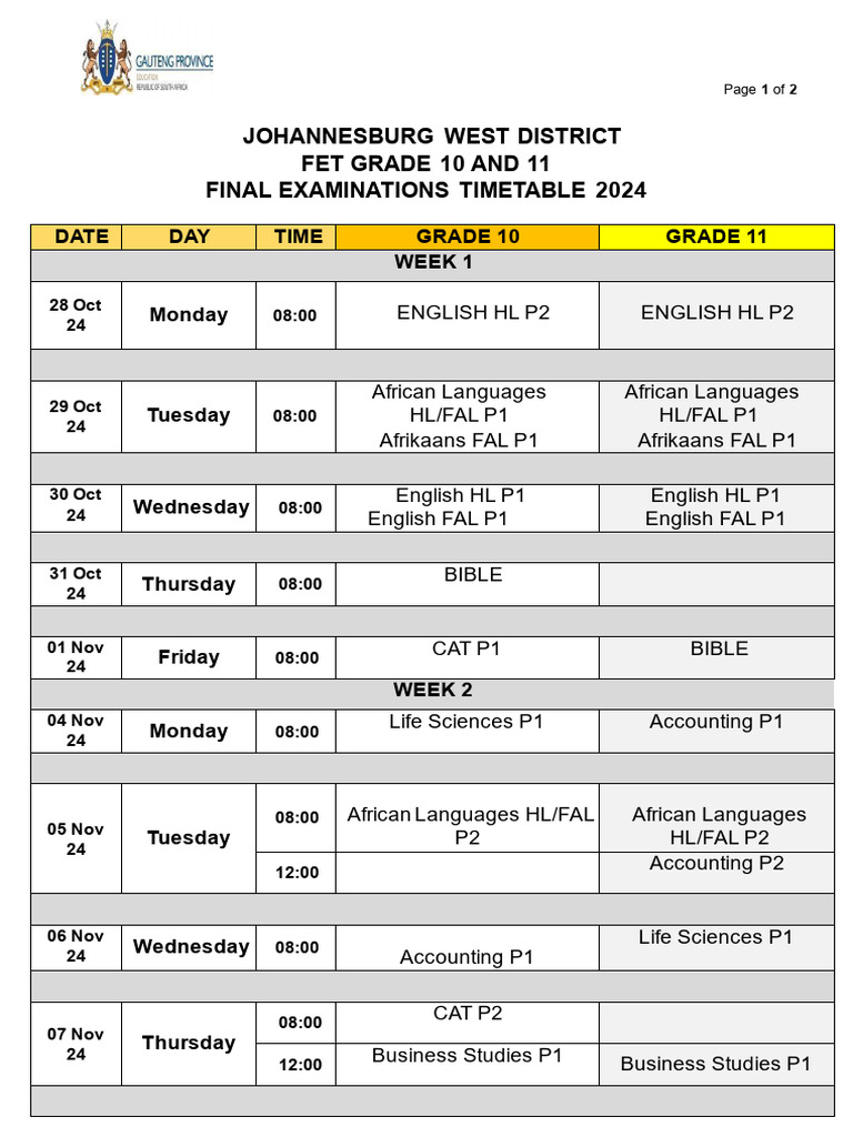 Fet Grade 10 & 11 Nov Examination Timetable 2024 - 010745 | PDF | Science