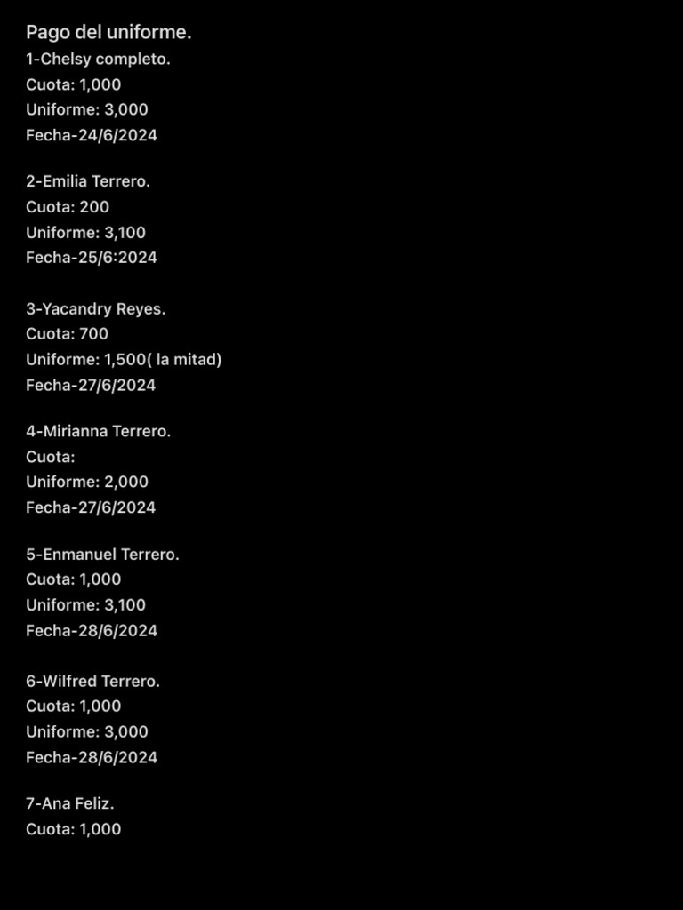 Pagos de Uniformes por Estudiante 2024 | PDF