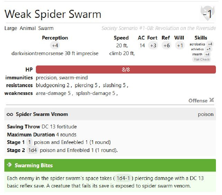 Pathfinder Stat Card Weak Spider Swarm | PDF