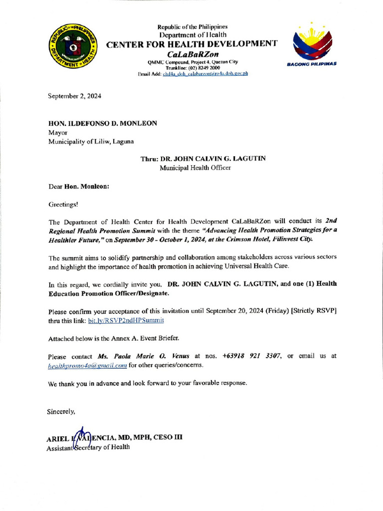 (INVITATION LETTER - LILIW) 2nd Regional Health Promotion Summit | PDF