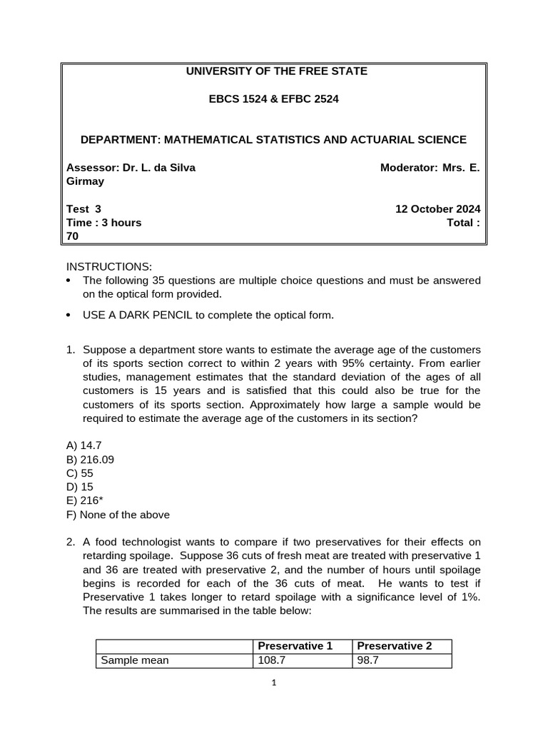 EFBC2524 Test3 2024 Memo | PDF | Standard Deviation | Statistical ...