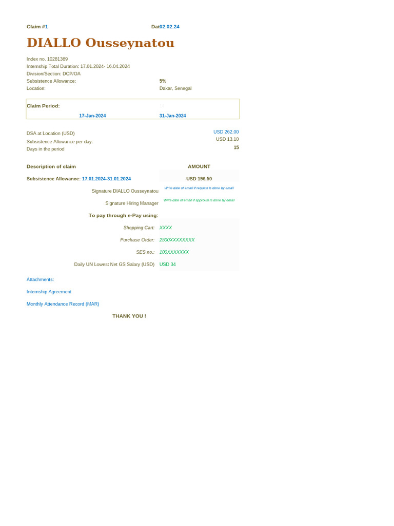 Internship Subsistence Allowance Claim | PDF