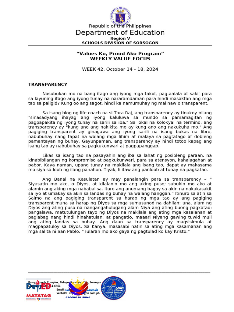 Value Focus of The Week Transparency Filipino | PDF