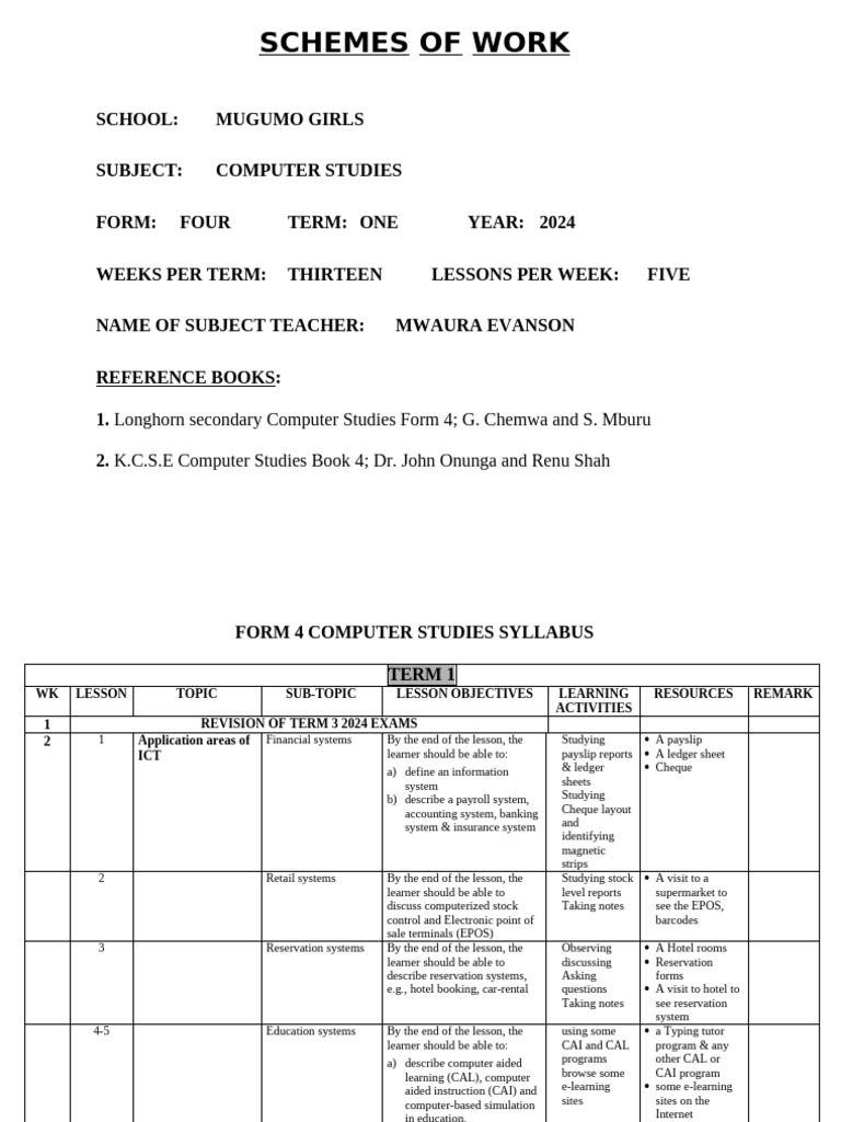 Form 4 - Schemes of Work | PDF | Educational Technology | Virtual Reality
