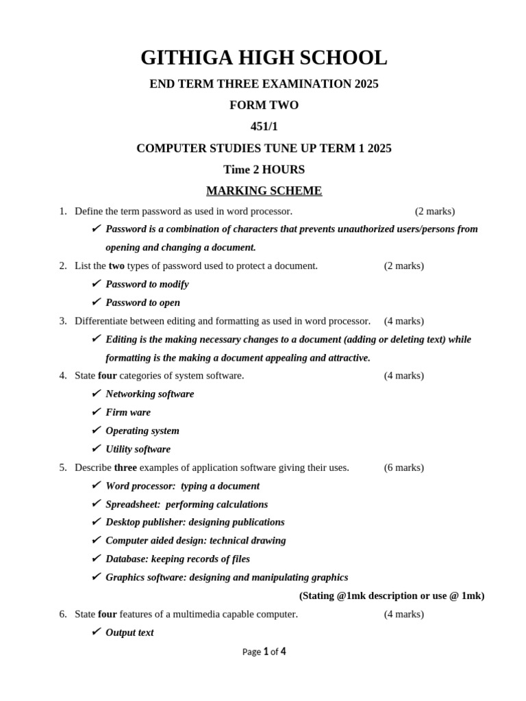 f2 Endt3 Computer Studies - Computer Studies - Marking Scheme | PDF ...