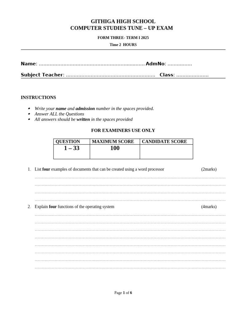 Form 3 2025 t1 Tune Up | PDF | Computing | Computer Architecture