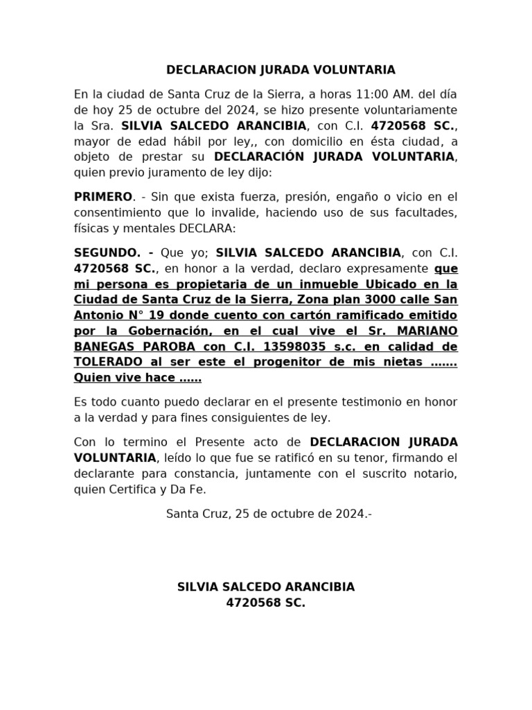 Copia de DECLARACION JURADA MARIANO BANEGAS PAROBA | PDF