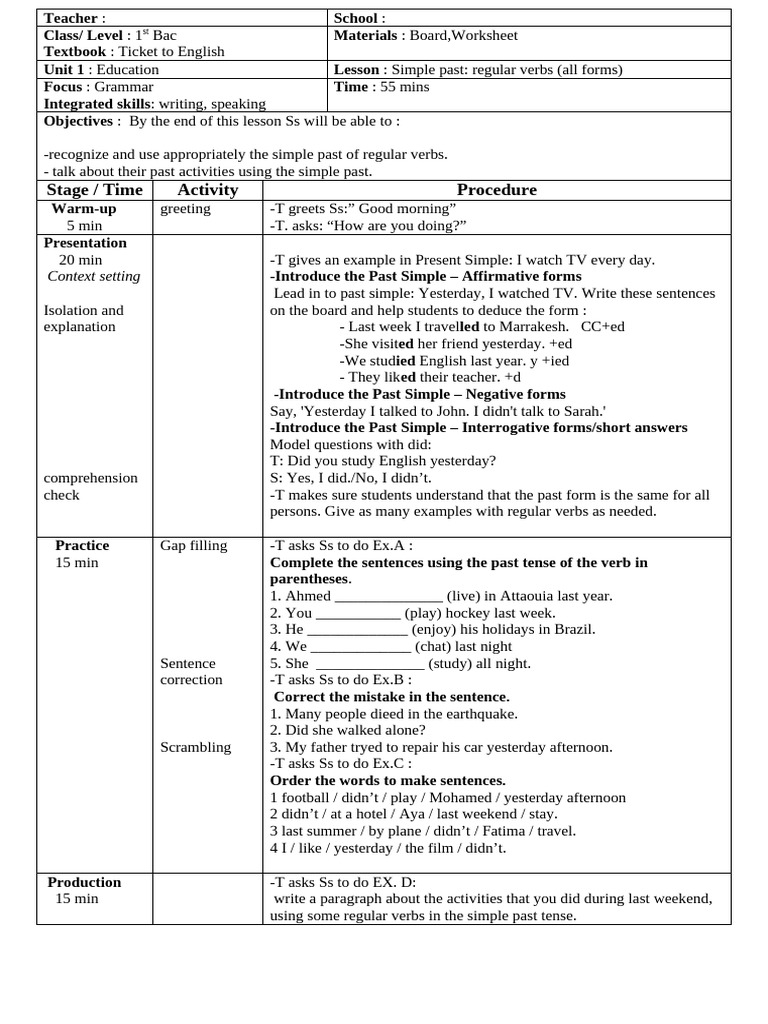 Grammar Lessons' Lesson Plan "Simple Past & Regular Verbs" | PDF ...