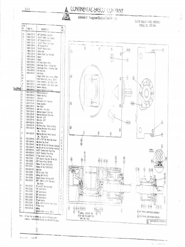 Emsco T-1750 Rotary Table Ser#192-244 Partslist | PDF