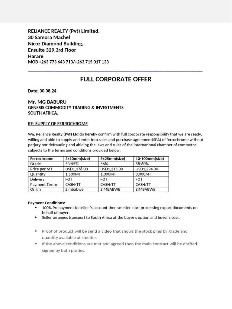 Full Corporate Offer Ferrochrome | PDF