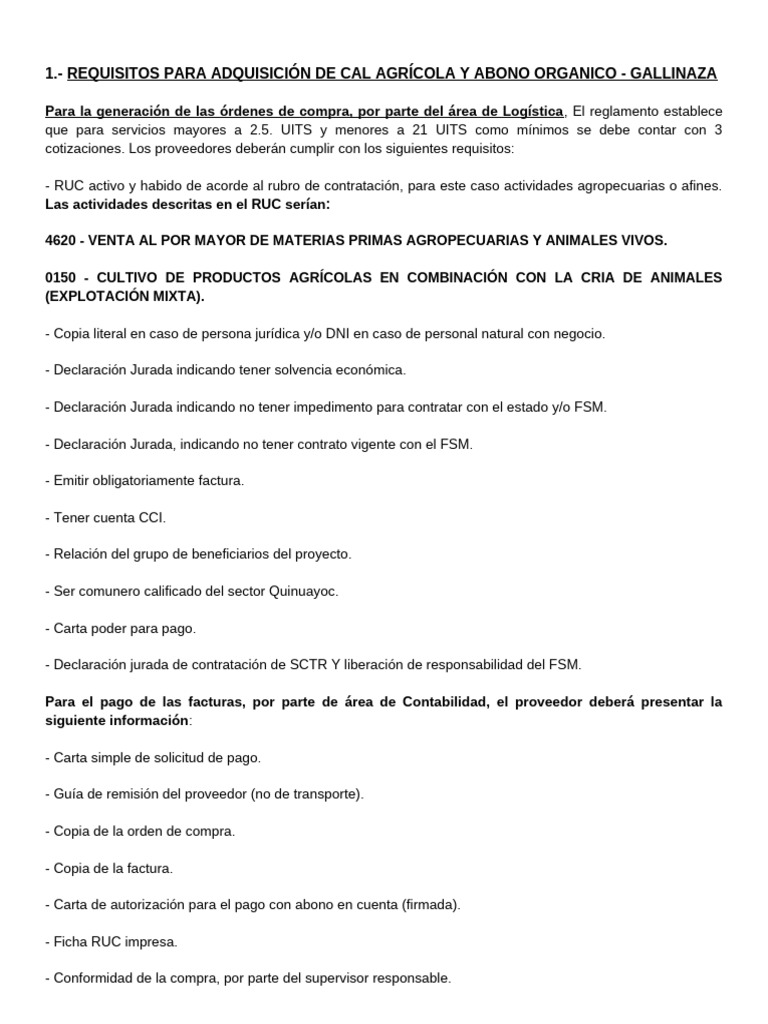 Requisitos para Adquisición y Transporte de Cal y Gallinaza | PDF ...