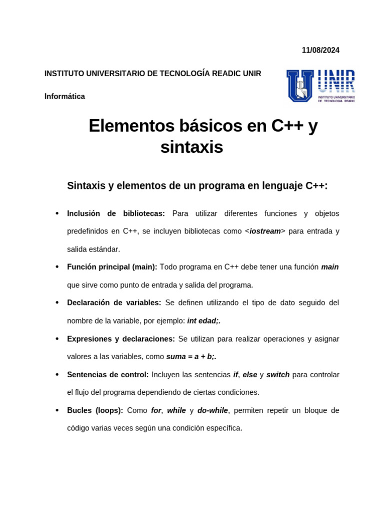 Elementos Básicos en C++ y Sintaxis | PDF | C ++ | Lenguaje de programación