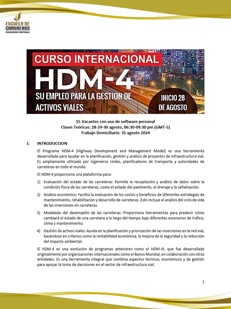 Brochure Curso HDM-4 para La Gestion de Activos Viales | PDF ...