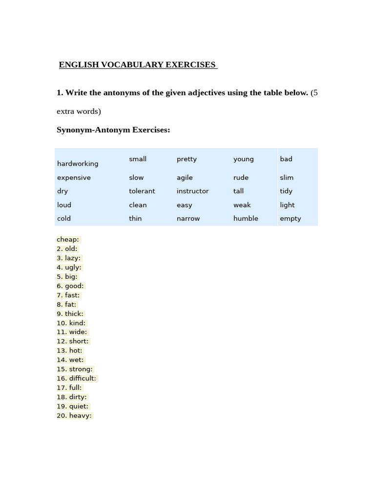 English Vocabulary Exercises