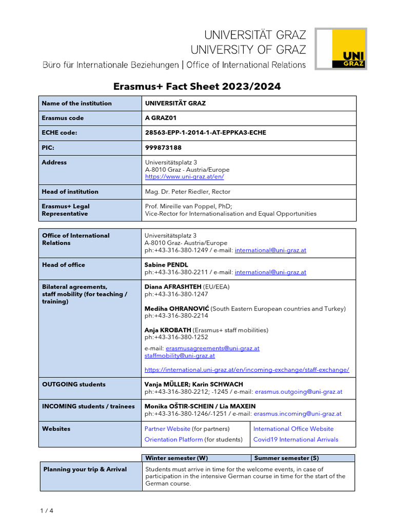 Erasmus+ Guide 2023/2024: Universität Graz | PDF | Academic Term | Travel Visa
