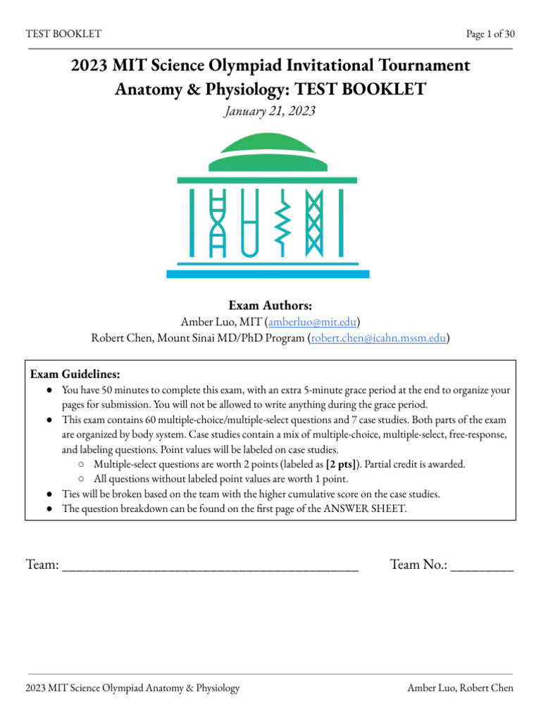 2023 MIT Science Olympiad Anatomy - Physiology EXAM | PDF | Hemoglobin ...